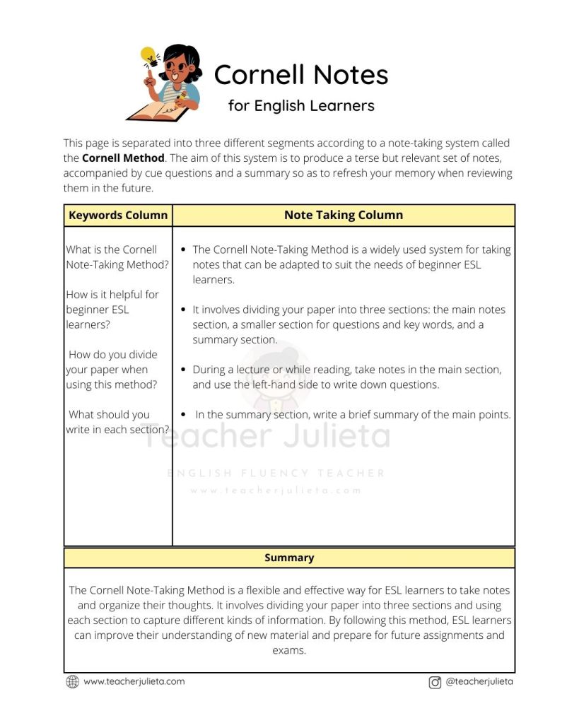 Cornell’s Note-taking Made Easy: Tips for English Learners – Teacher ...